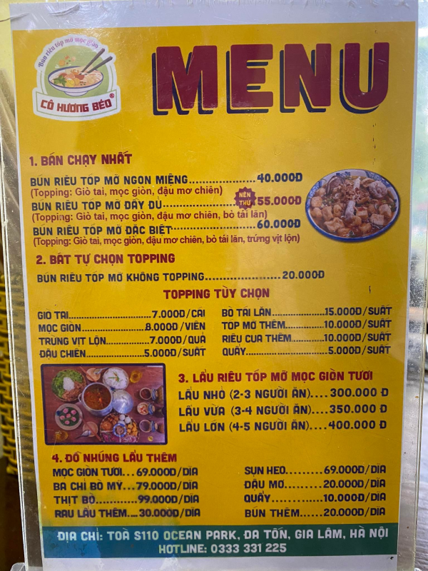 Quán Bún riêu tóp mỡ mọc giòn cô Hương Béo Vinhomes Ocean Park - Thuanduy